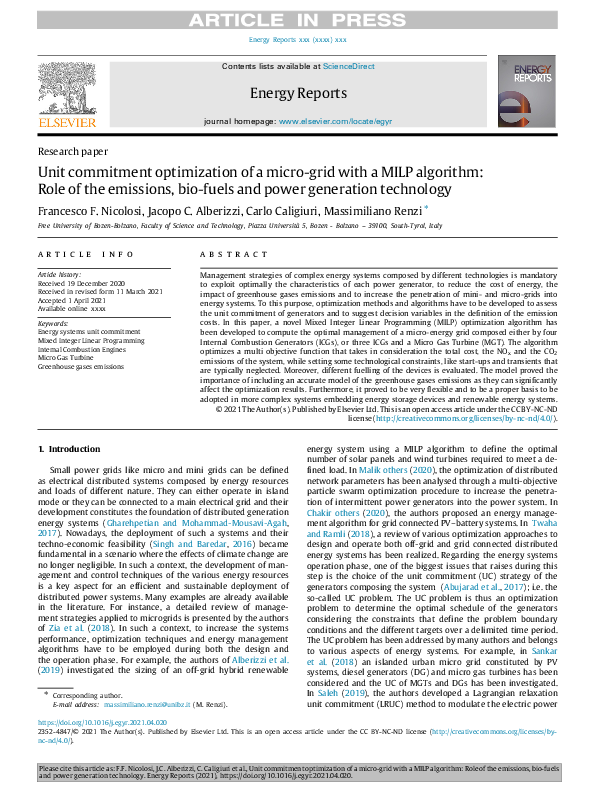 Pdf Unit Commitment Optimization Of A Micro Grid With A Milp Algorithm Role Of The Emissions