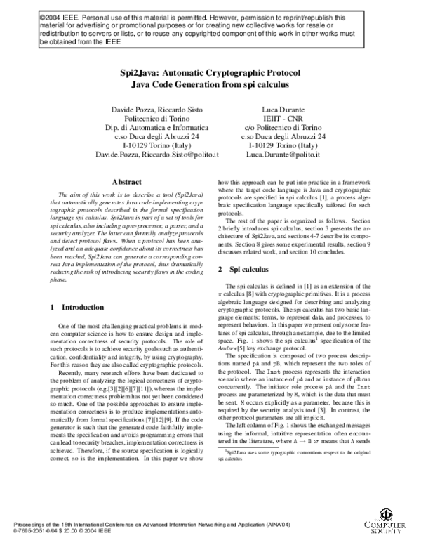 (PDF) Spi2Java: Automatic cryptographic protocol Java code generation from spi calculus