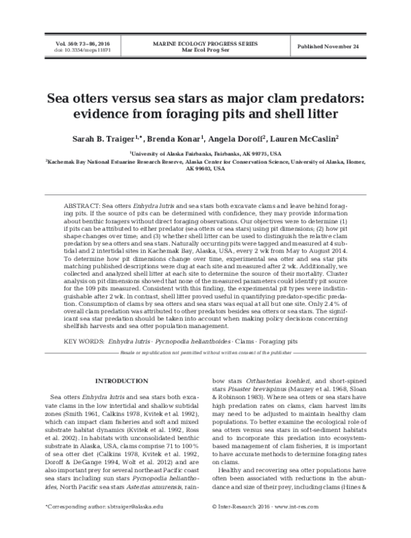 (PDF) Sea otters versus sea stars as major clam predators: evidence ...