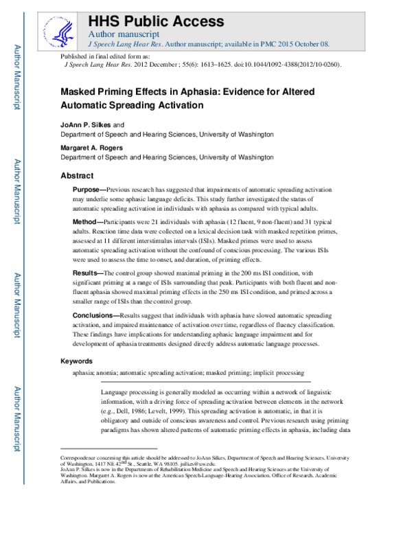 (PDF) Masked Priming Effects in Aphasia: Evidence of Altered Automatic ...