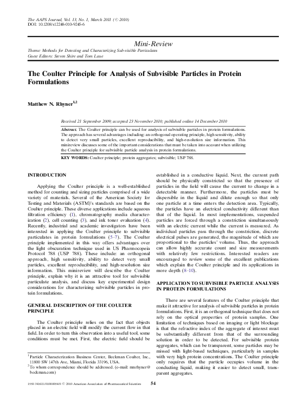 (PDF) The Coulter Principle for Analysis of Subvisible Particles in ...