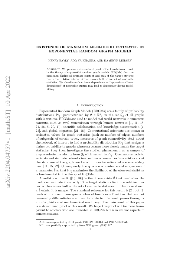 Pdf Existence Of Maximum Likelihood Estimates In Exponential Random Graph Models Kathryn