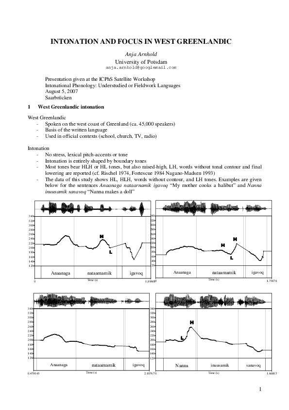 (PDF) Intonation and focus in West Greenlandic (handout) | Anja Arnhold - Academia.edu