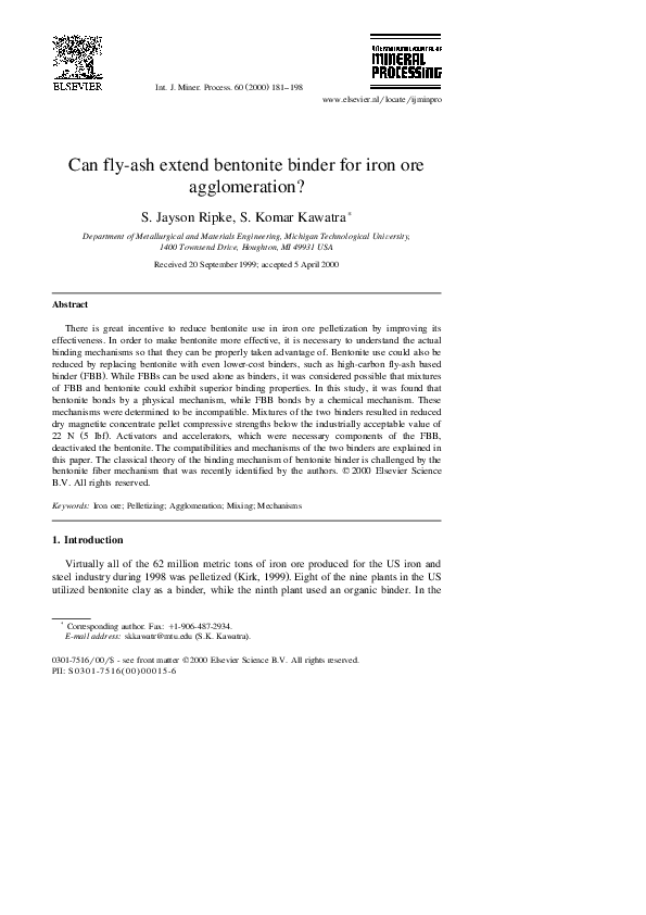 (PDF) Can fly-ash extend bentonite binder for iron ore agglomeration?