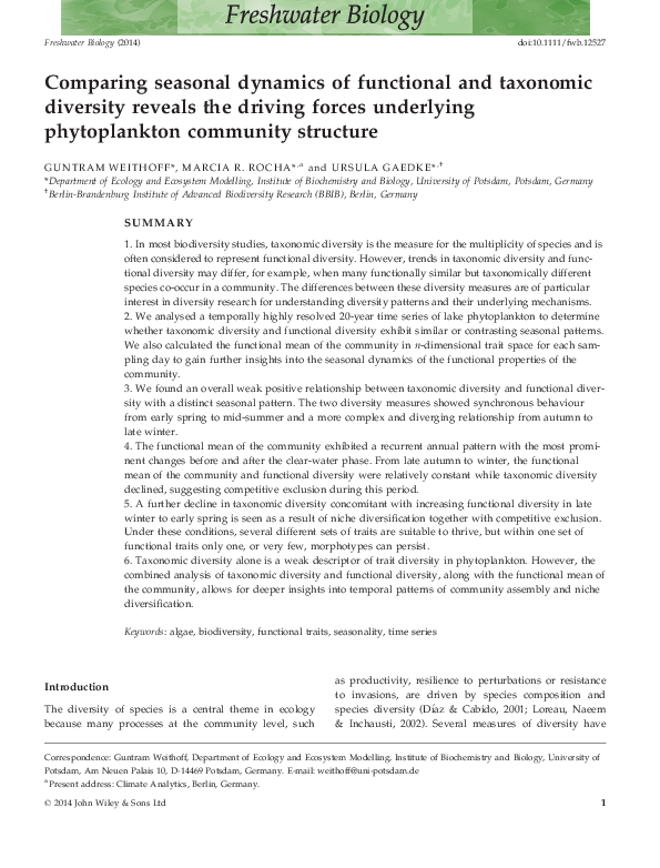 (PDF) Comparing seasonal dynamics of functional and taxonomic diversity reveals the driving ...