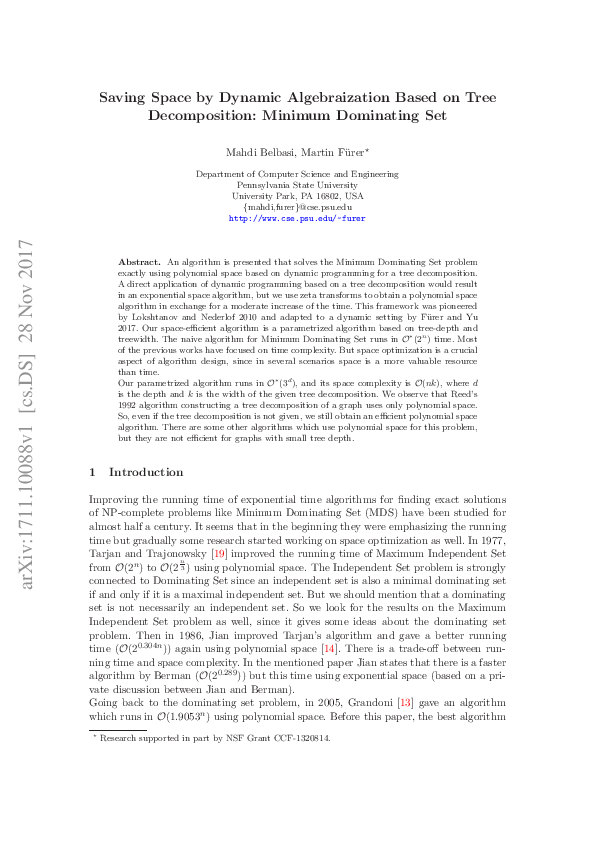 (PDF) Saving Space by Dynamic Algebraization Based on Tree Decomposition: Minimum Dominating Set