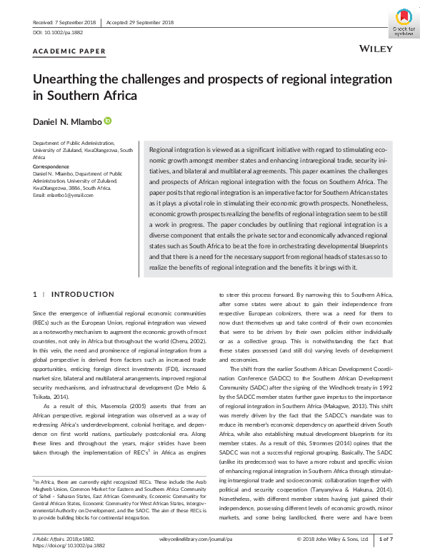 (PDF) Unearthing the challenges and prospects of regional integration ...