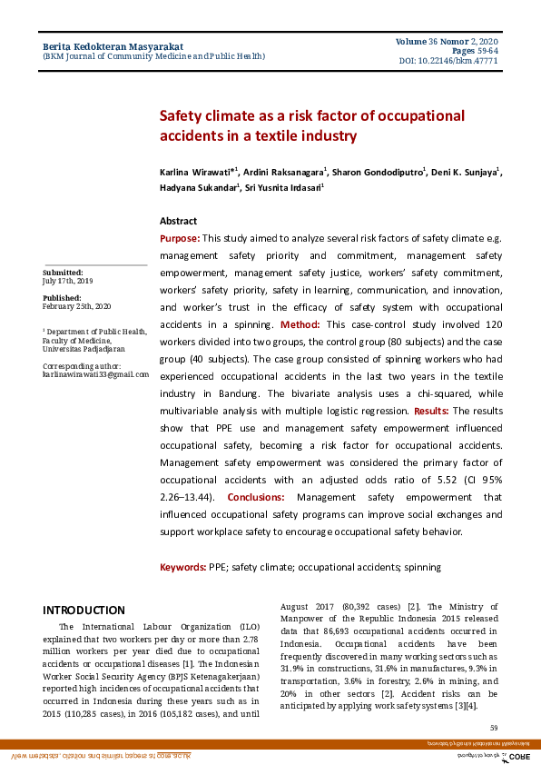 (PDF) Safety climate as a risk factor of occupational accidents in a ...