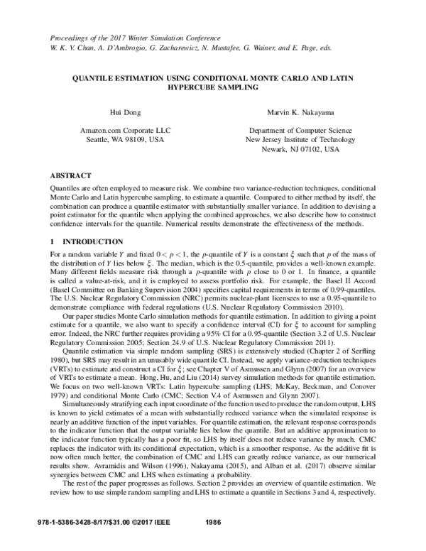 Pdf Quantile Estimation Using Conditional Monte Carlo And Latin Hypercube Sampling Hui Dong