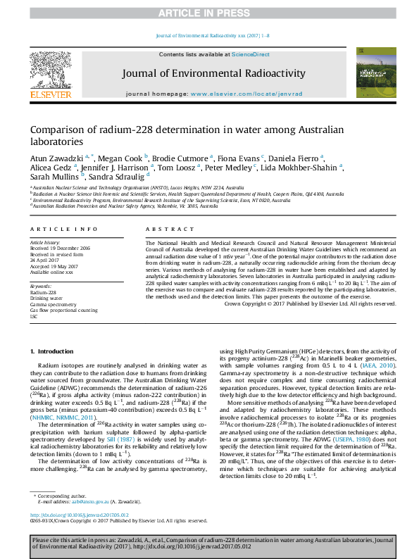 (PDF) Comparison of radium-228 determination in water among Australian ...