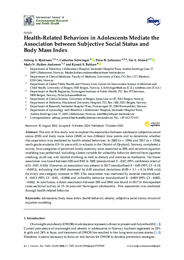 (PDF) Health-Related Behaviors in Adolescents Mediate the Association ...