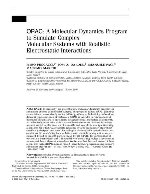 (PDF) ORAC: Efficient Molecular Dynamics for Biomolecules