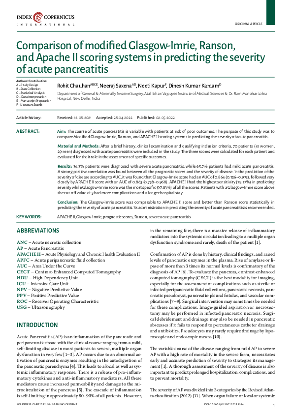 (PDF) Comparison of modified Glasgow-Imrie, Ranson, and Apache II ...