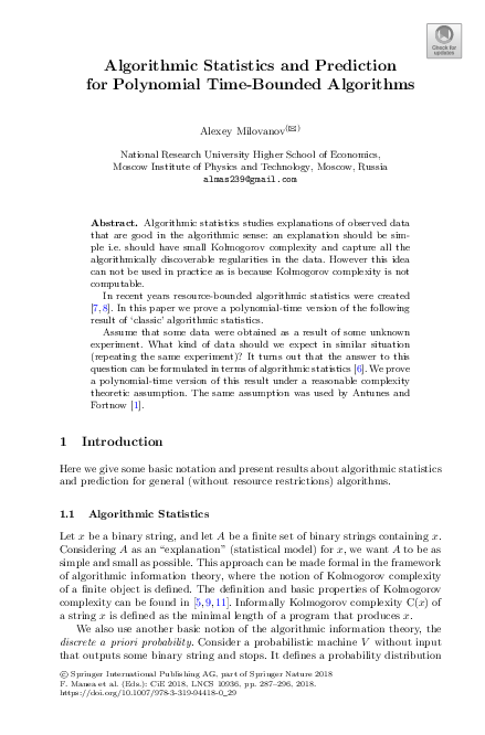 (PDF) Algorithmic Statistics and Prediction for Polynomial Time-Bounded Algorithms