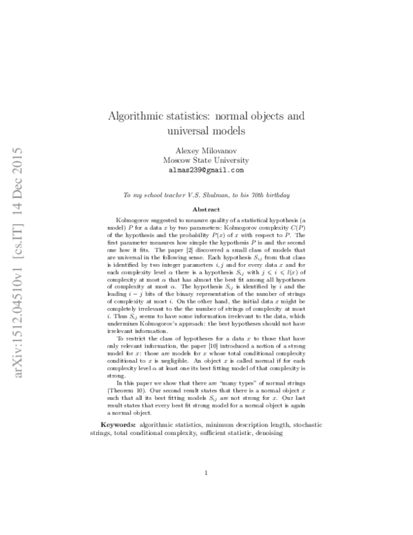(PDF) Algorithmic Statistics: Normal Objects and Universal Models