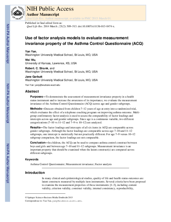 (PDF) Use of factor analysis models to evaluate measurement invariance property of the Asthma ...