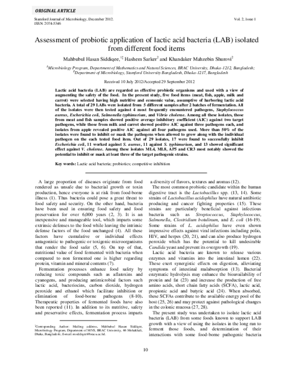 (PDF) Assessment of probiotic application of lactic acid bacteria (LAB) isolated from different ...