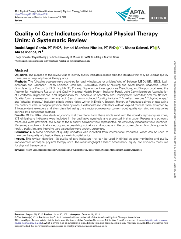 (PDF) Quality of Care Indicators for Hospital Physical Therapy Units: A Systematic Review