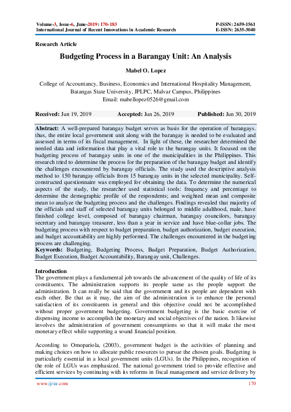 (PDF) Budgeting Process in a Barangay Unit: An Analysis