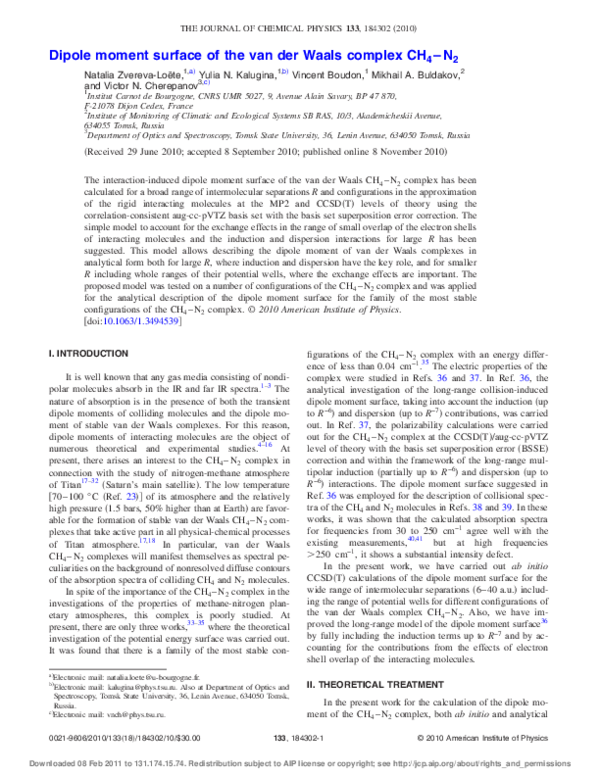 (PDF) Dipole moment surface of the van der Waals complex CH4–N2