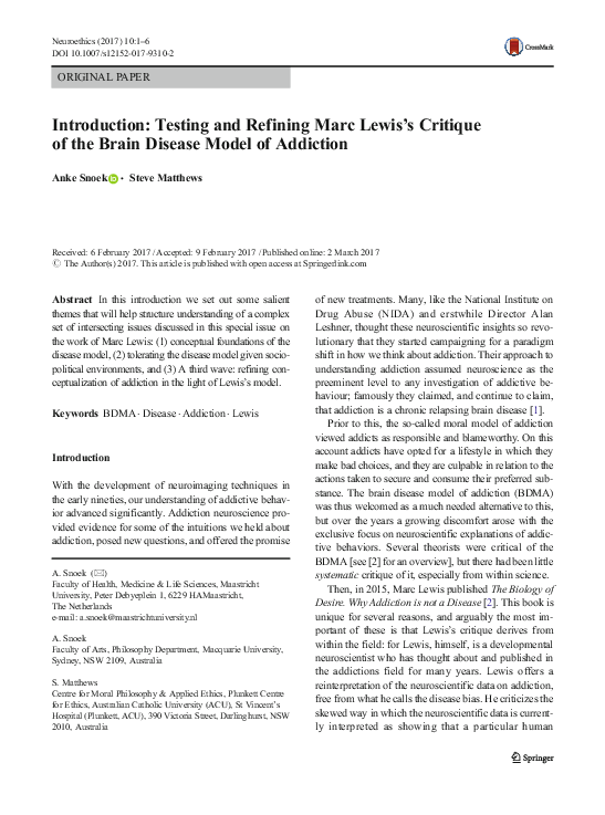 (PDF) Introduction: Testing and Refining Marc Lewis’s Critique of the ...