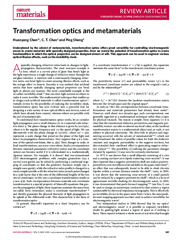 (PDF) Transformation optics and metamaterials