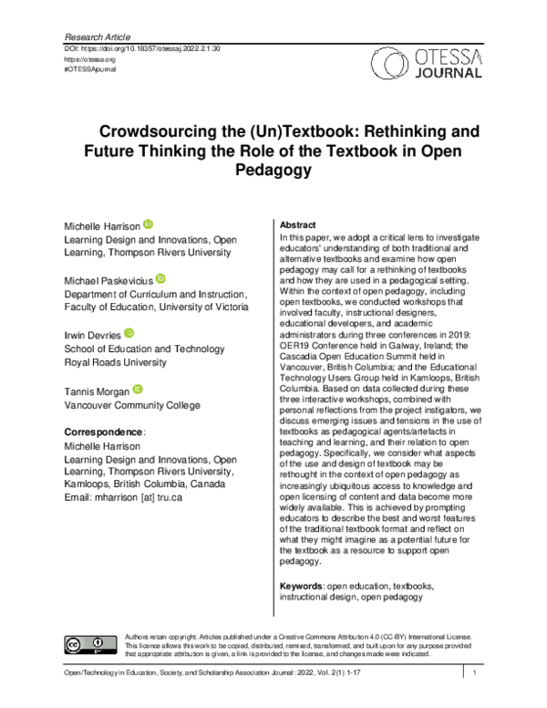 (PDF) Crowdsourcing the (Un)Textbook: Rethinking and Future Thinking the Role of the Textbook in ...