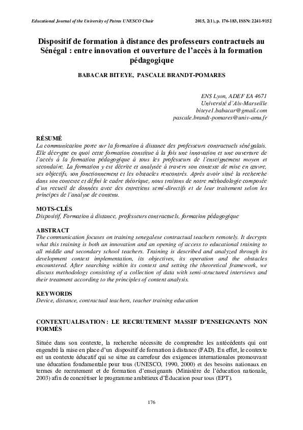 (PDF) Dispositif de formation à distance des professeurs contractuels au Sénégal : entre ...