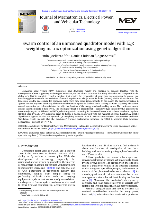 Pdf Swarm Control Of An Unmanned Quadrotor Model With Lqr Weighting Matrix Optimization Using