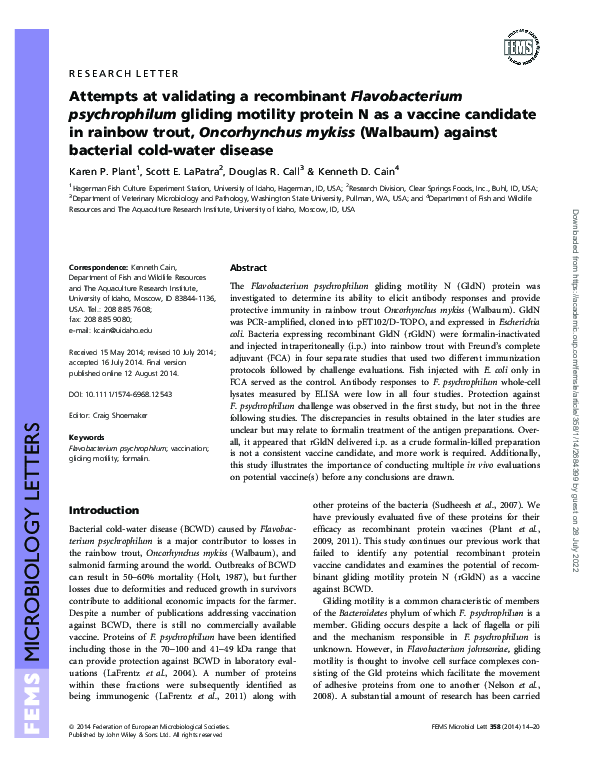 (PDF) Attempts at validating a recombinant Flavobacterium psychrophilum ...