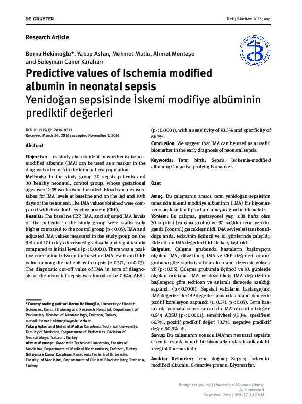 (PDF) Predictive values of Ischemia modified albumin in neonatal sepsis