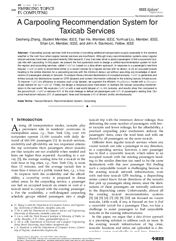 (PDF) A Carpooling Recommendation System for Taxicab Services