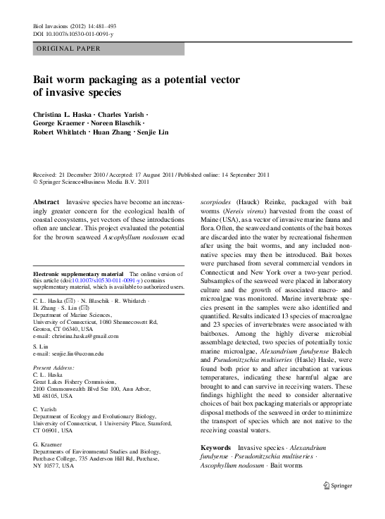 (PDF) Bait worm packaging as a potential vector of invasive species