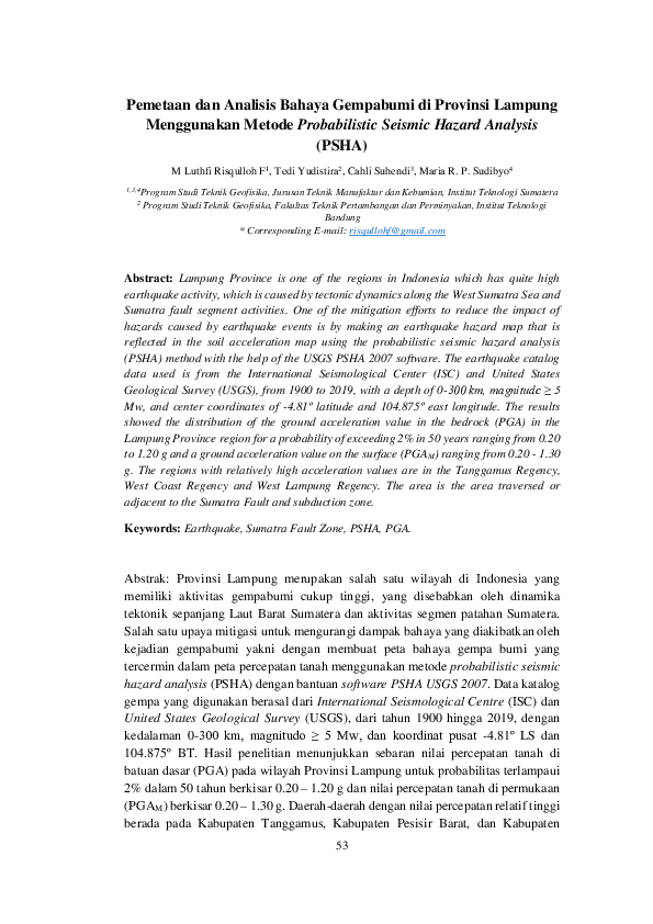 (PDF) Pemetaan dan Analisis Bahaya Gempabumi di Provinsi Lampung ...