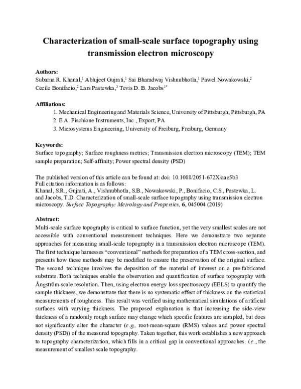 (PDF) Characterization of small-scale surface topography using transmission electron microscopy