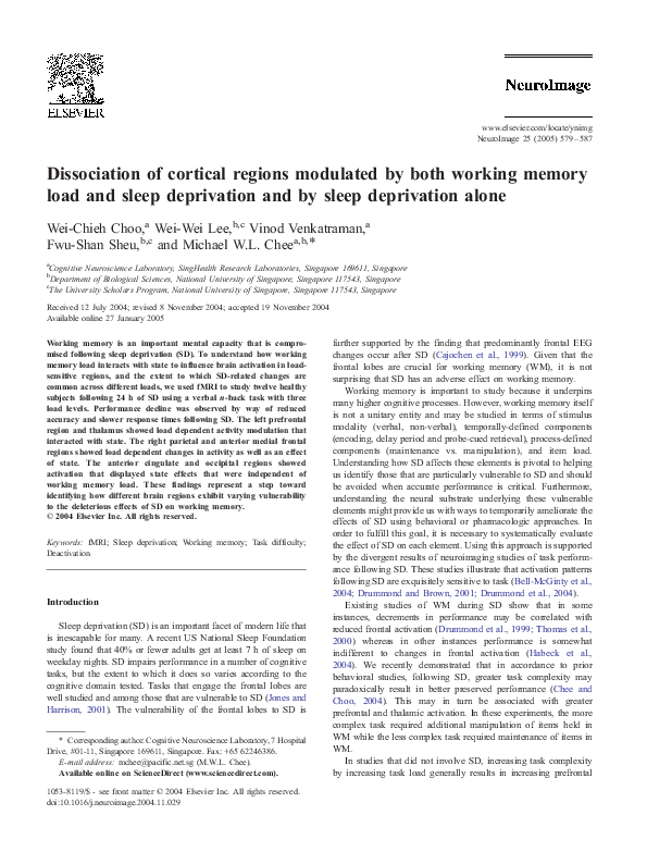 (PDF) Dissociation of cortical regions modulated by both working memory load and sleep ...