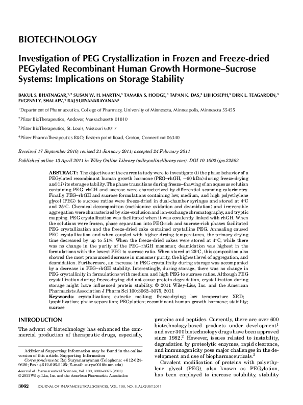 (PDF) Investigation of PEG crystallization in frozen PEG-sucrose-water ...