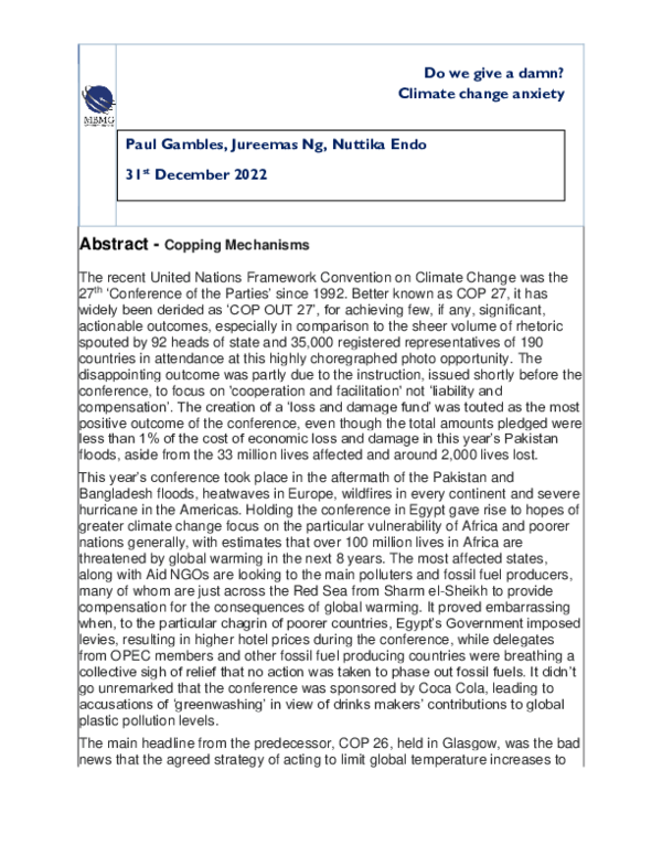 (PDF) Do We Give a Damn? Climate Change Anxiety | Paul Gambles ...