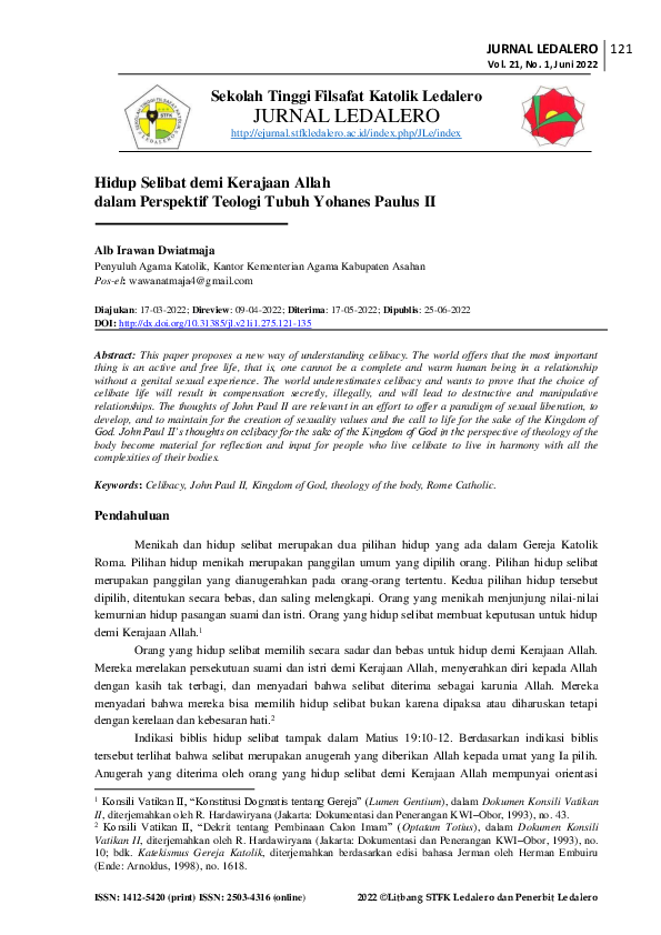 (PDF) Hidup Selibat demi Kerajaan Allah dalam Perspektif Teologi Tubuh ...