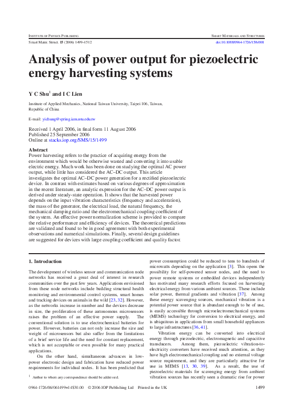 (PDF) Analysis of power output for piezoelectric energy harvesting systems