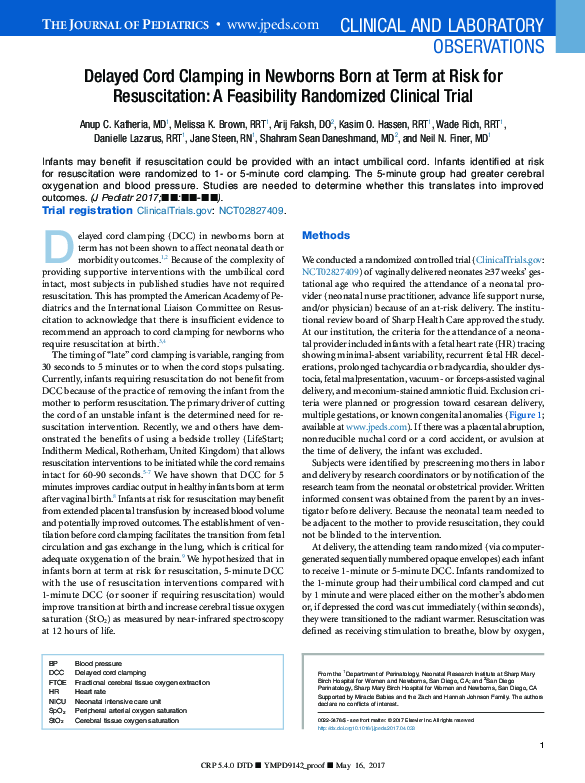 (PDF) Delayed Cord Clamping in Newborns Born at Term at Risk for ...