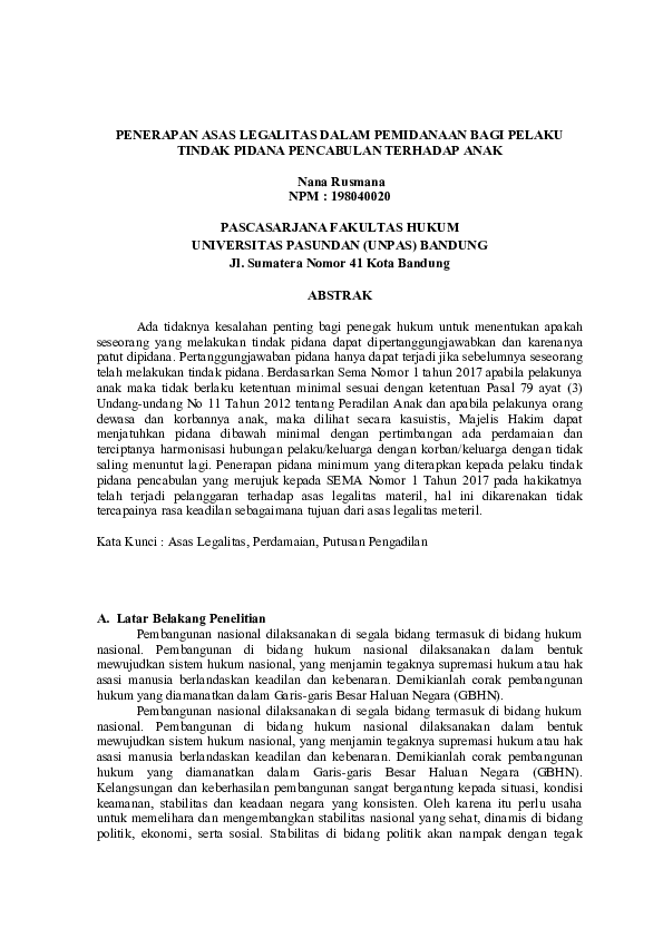 (DOC) Penerapan Asas Legalitas Dalam Pemidanaan Bagi Pelaku Tindak Pidana Pencabulan Terhadap Anak
