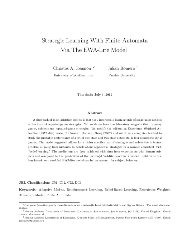 (PDF) Strategic Learning With Finite Automata Via The EWA-Lite Model