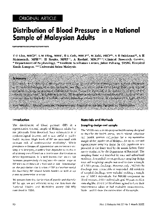 (PDF) Distribution of blood pressure in a national sample of Malaysian ...