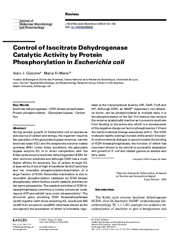 (PDF) Control of Isocitrate Dehydrogenase Catalytic Activity by Protein ...