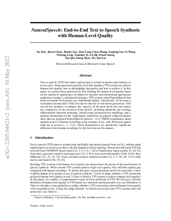 (PDF) NaturalSpeech: End-to-End Text to Speech Synthesis with Human-Level Quality