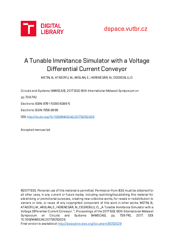 (PDF) A tunable immitance simulator with a voltage differential current ...