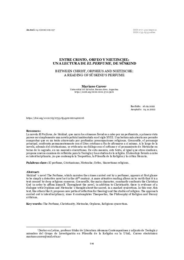 (PDF) Entre Cristo, Orfeo y Nietzsche una lectura de El perfume, de Süskind