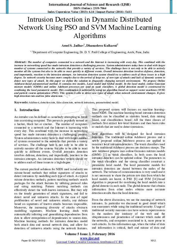 Pdf Intrusion Detection In Dynamic Distributed Network Using Pso And Svm Machine Learning