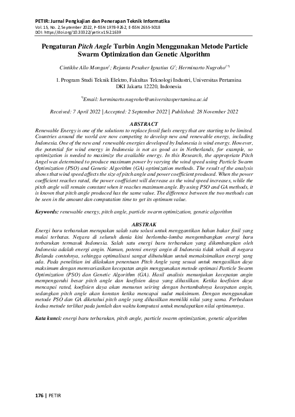 (PDF) Pengaturan Pitch Angle Turbin Angin Menggunakan Metode Particle Swarm Optimization dan ...